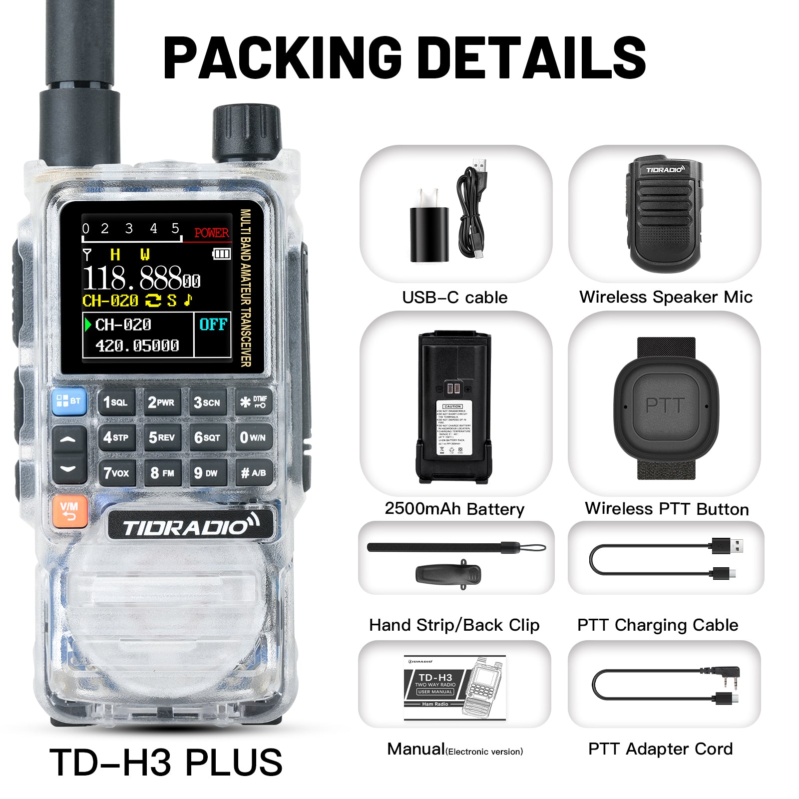 TIDRADIO H3 Plus Bluetooth Receiver Ham GMRS Unlocked UHF VHF Radio ...